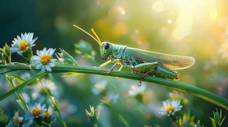 A Grasshopper Sits on a Stem among Many Beautiful Wild Flowers Stock ...