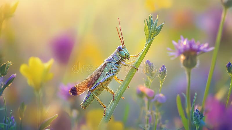 A Grasshopper Sits on a Stem among Many Beautiful Wild Flowers Stock ...
