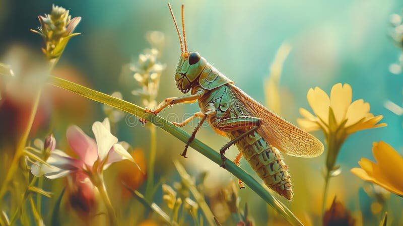 A Grasshopper Sits on a Stem among Many Beautiful Wild Flowers Stock ...