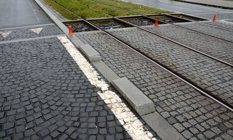 Grassing of Train Tracks between Tram Tracks in the City. Stock Image ...