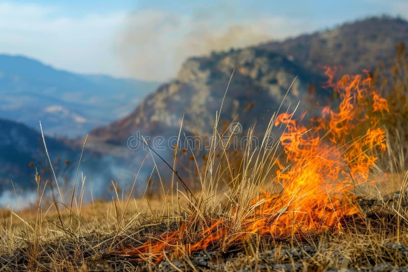Grassland Ablaze with Fire in Front of Hills Stock Photo - Image of ...