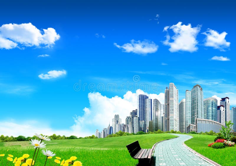 Grassland with city stock photo. Image of outdoor, exterior - 14180966