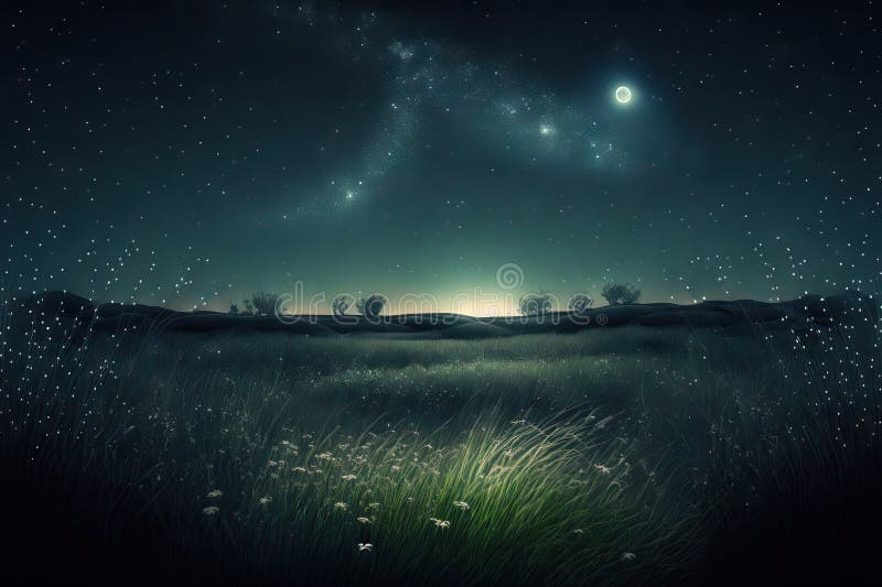 Grassland at Night with Stars. Meadow Scene at Night with a Starry Sky ...
