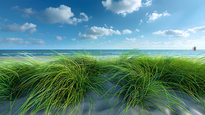 Grassy Beach Area, Blue Sky. Generative by AI Stock Illustration ...