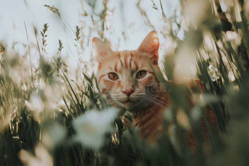 Grassy Cat. Fluffy Red Cat with Yellow Eyes Stock Image - Image of ...