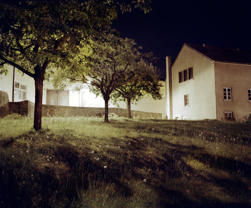 Grassy Courtyard at Night stock image. Image of rock - 11502601