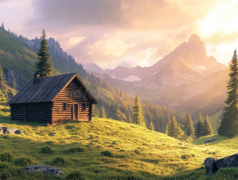 Grassy Field Cabin stock photo. Image of nature, outdoors - 380573648