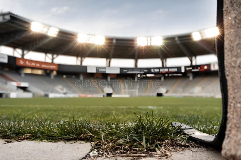 Stadium Field View with Grass and Concrete in Foreground, Empty Seats ...