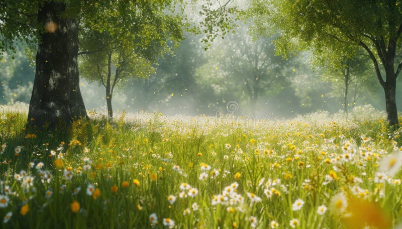 A Grassy Field Full of Wildflowers and Trees Stock Image - Image of ...
