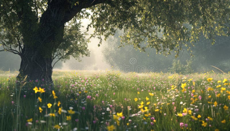 A Grassy Field Full of Wildflowers and Trees Stock Image - Image of ...