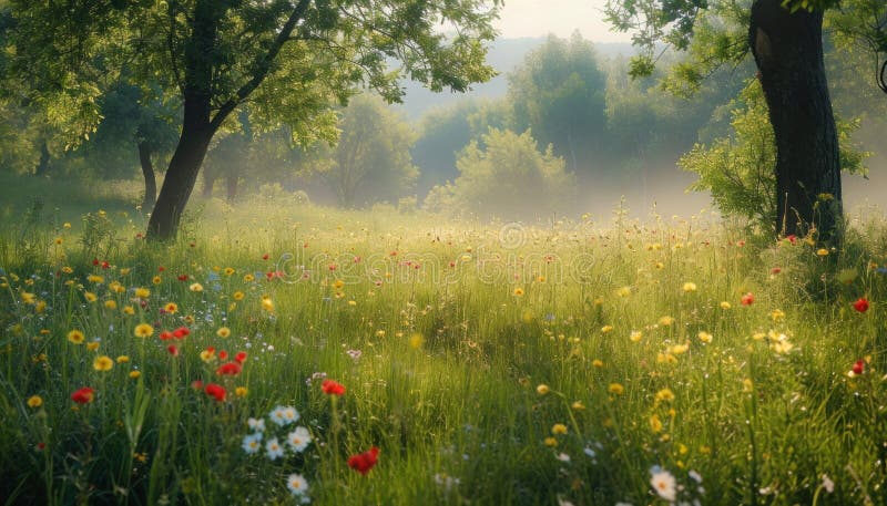 A Grassy Field Full of Wildflowers and Trees Stock Photo - Image of ...
