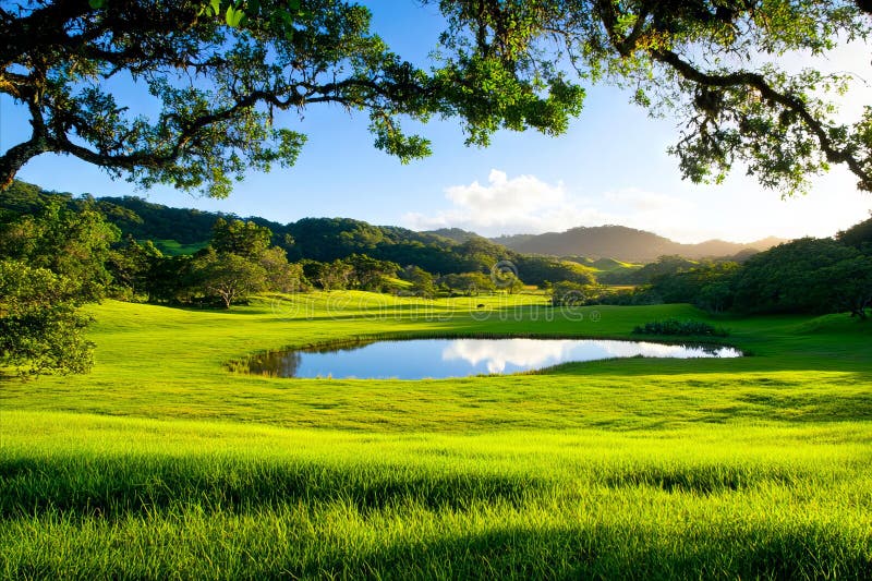 A Grassy Field with a Small Pond in the Middle of it Stock Photo ...