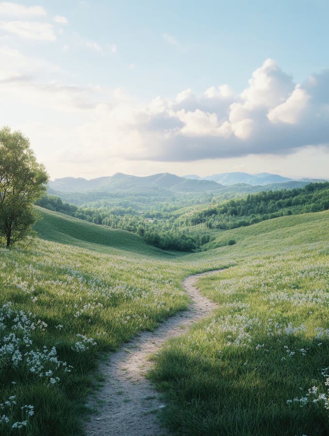 Grassy Field with Trees and Mountains Stock Photo - Image of terrain ...