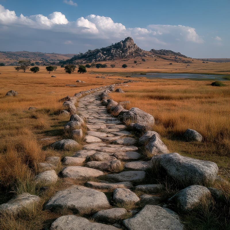 Grassy Field with a Worn Stone Path Leading To a Rocky Hill, Under Soft ...