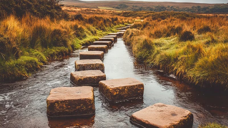 Grassy Hills and a Stone Path Crossing a Stream Create a Serene Nature ...
