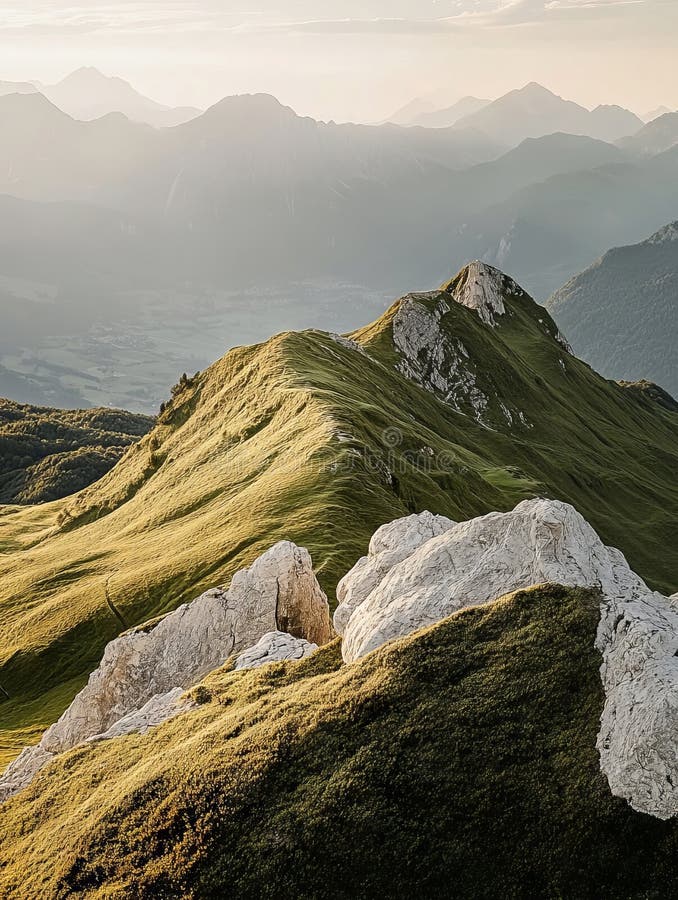 A Grassy Hillside with Rocks and Mountains in the Background Stock ...