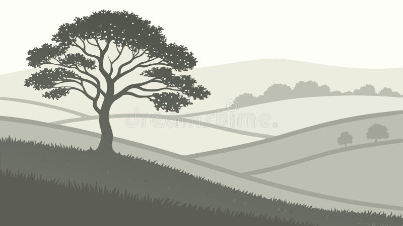 Grassy Hillside with a Single Tree and Distant Landscape, Vector Design ...