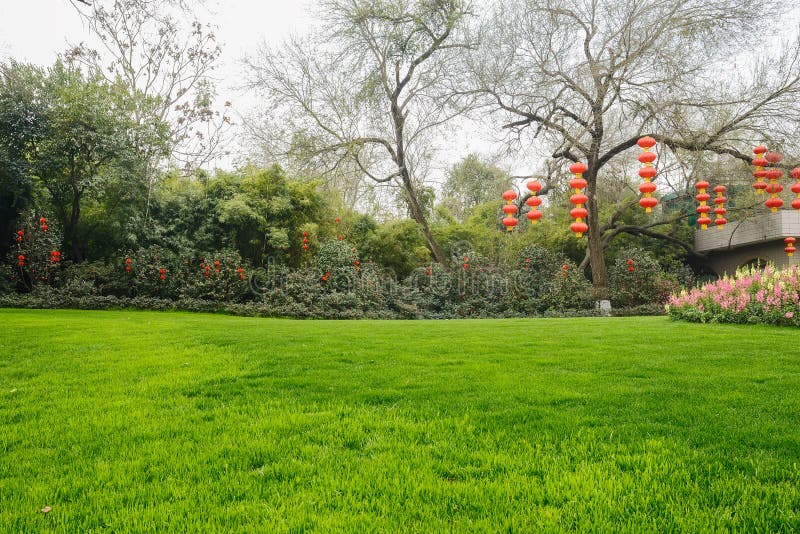 Grassy Lawn in Verdant Spring Stock Photo - Image of lantern, shrub ...
