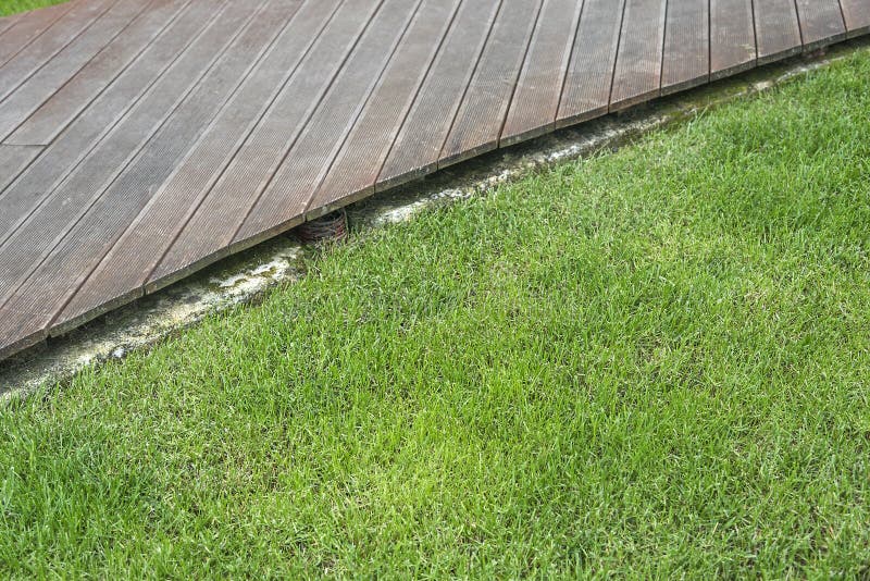 Grassy Lawn and Wooden Flooring. Stock Image - Image of green, white ...