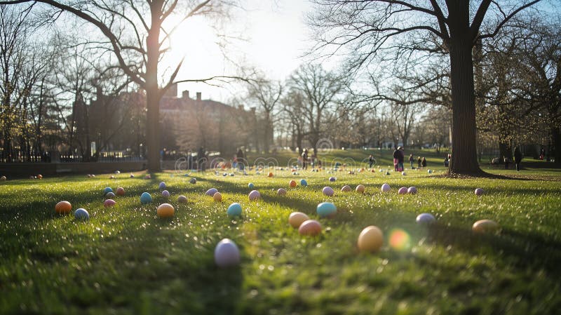 Grassy Park Scene with Scattered Pastel-colored Easter Eggs Under Large ...