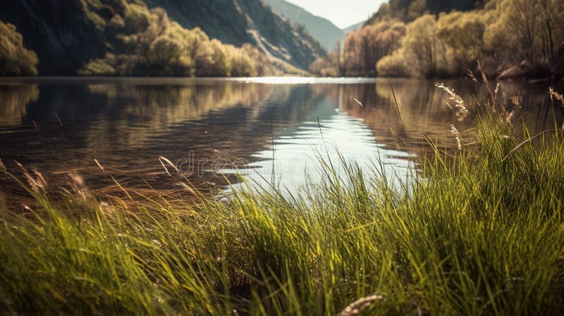 Grassy Patch Next To Lake with Mountain Reflections Stock Image - Image ...