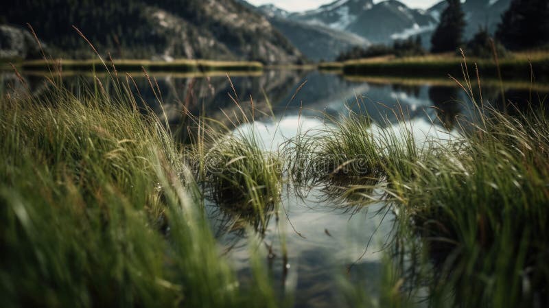Grassy Patch Next To Lake with Mountain Reflections Stock Photo - Image ...