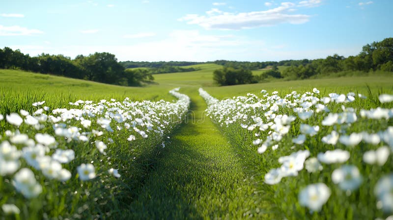 Walking Path through Meadow with White Flowers and Rolling Hills Stock ...