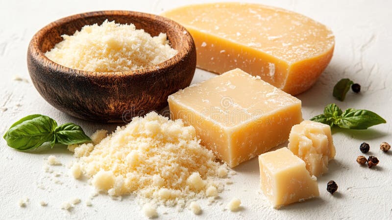 Grated and Block Parmesan Cheese with Basil and Peppercorns Stock ...