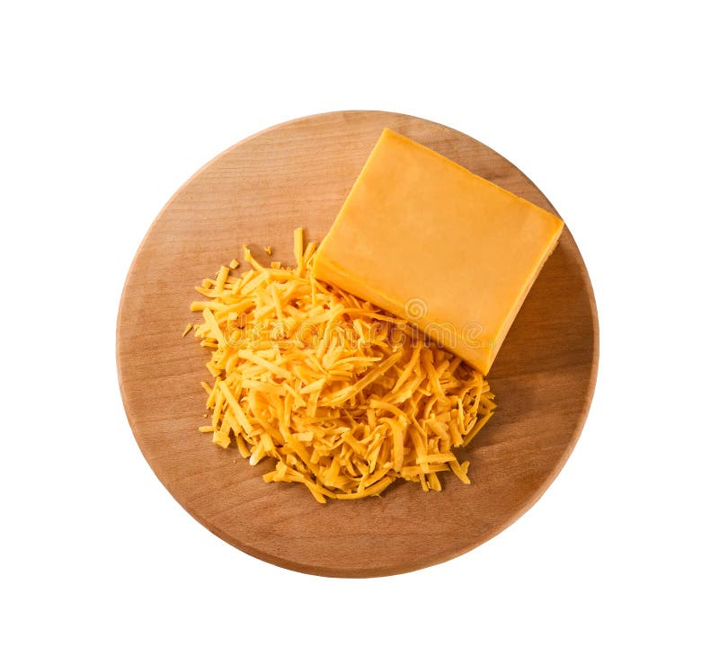 Grated Cheddar Cheese on a Cutting Board Isolated on a White Background ...