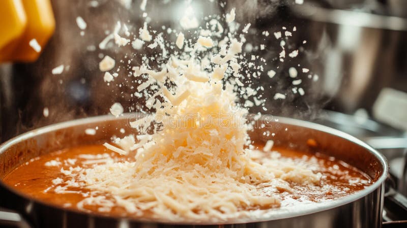 Grated Cheese Falling into a Pot of Steaming Tomato Sauce Stock Image ...