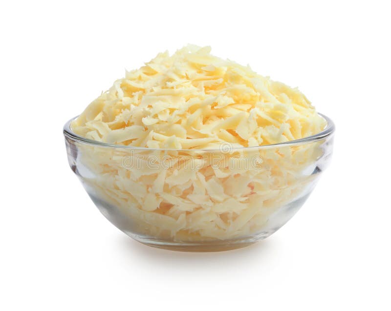 Grated Cheese in a Glass Bowl Isolated on White Stock Image - Image of ...