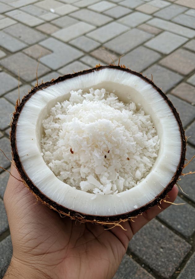 Grated Coconut in Coconut Shell Held in Hand Stock Illustration ...