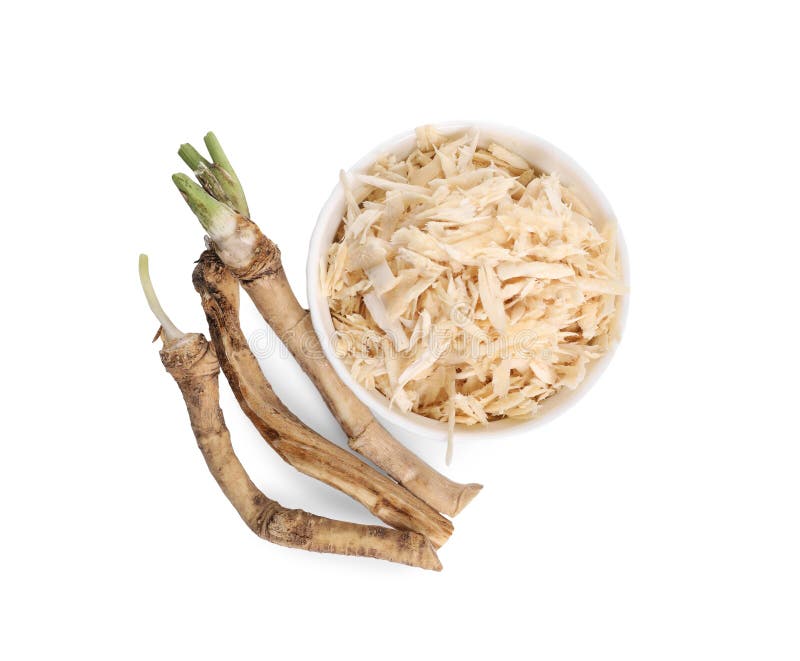 Grated and Cut Horseradish Roots Isolated on White, Top View Stock ...