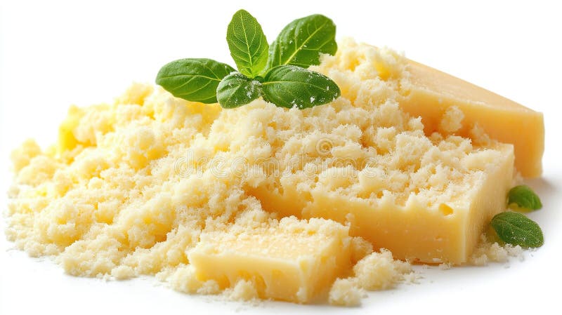 Grated Parmesan Cheese with Basil and Chunks on White Background Stock ...