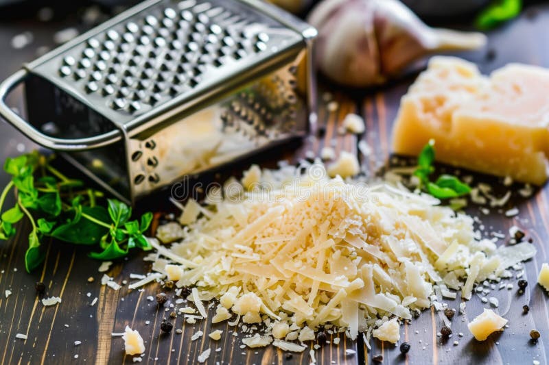 Grated Parmesan Mound beside a Metallic Grater Stock Image - Image of ...