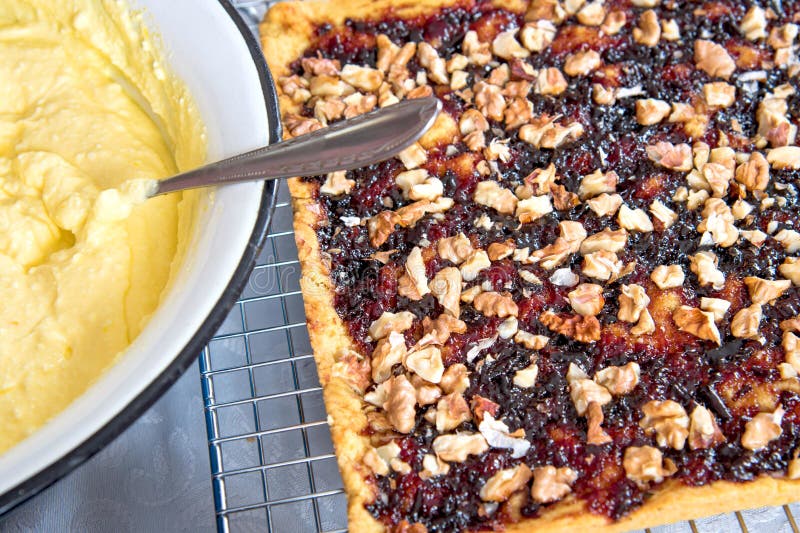 Grated Pie with Jam and Nuts, and Cream Stock Image - Image of ...