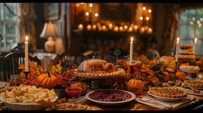Grateful Feast, a Table Set for Thanksgiving Stock Illustration ...
