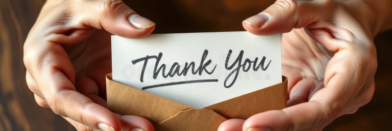 Grateful Hands Presenting a Thank You Note in an Envelope on a Wooden ...