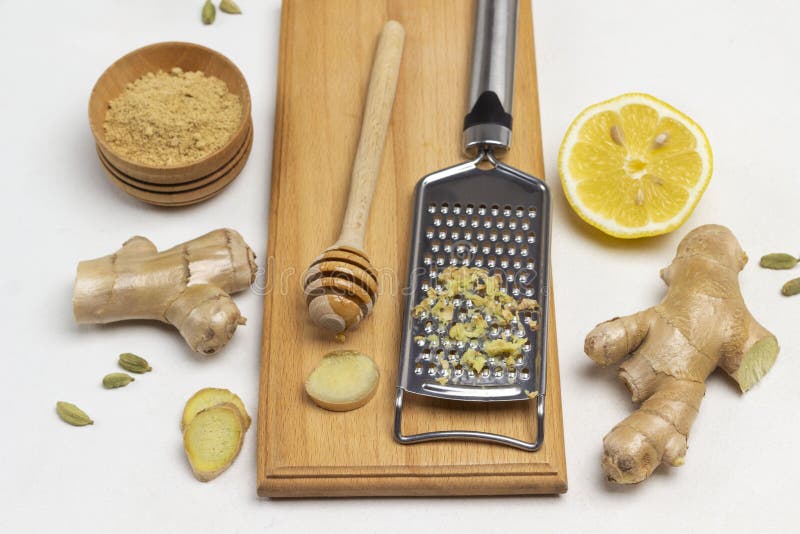 Chopped Ginger Root Cutting Block and Knife Top View Stock Photo ...