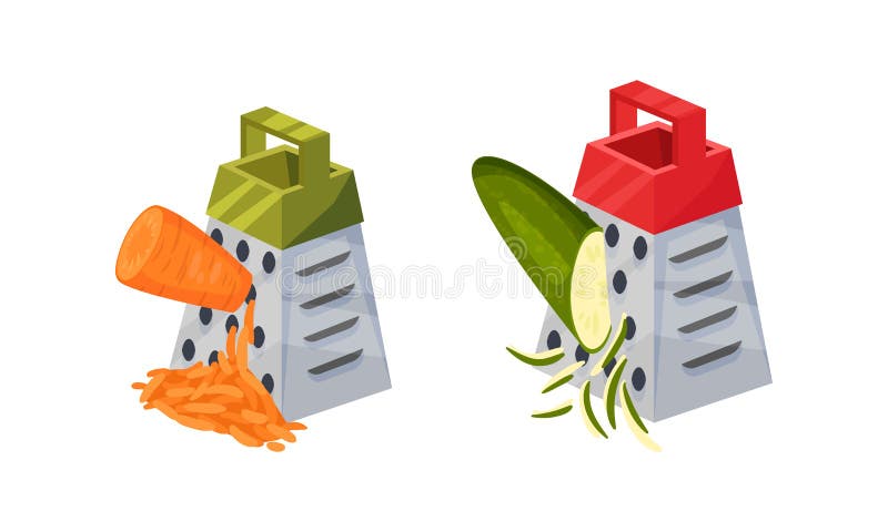 Grater or Shredder Grating Vegetable into Fine Pieces Vector Set Stock ...