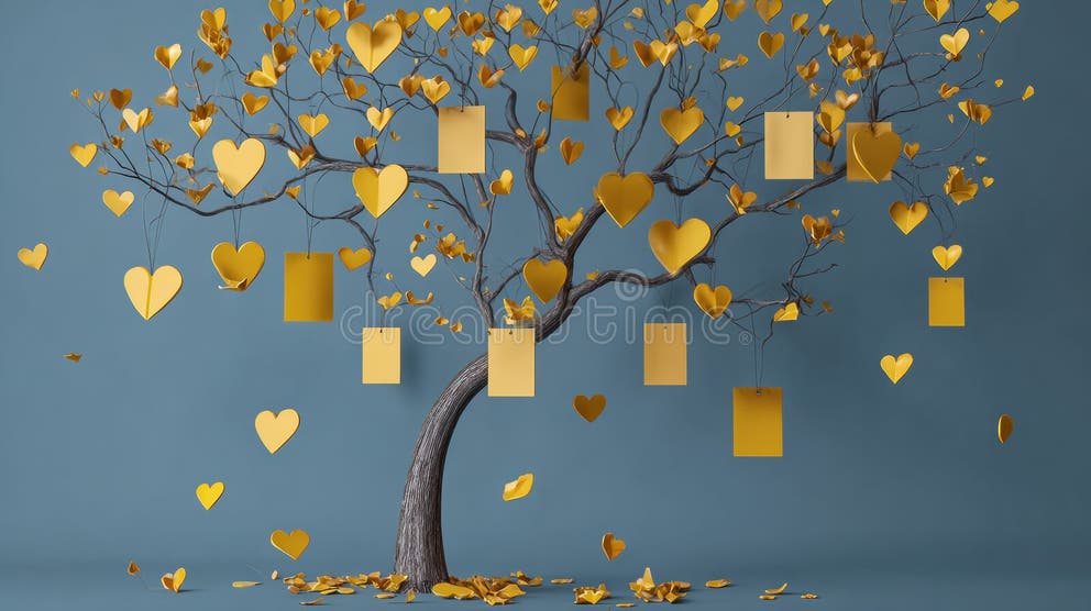 Gratitude Tree Adorned with Falling Gold Hearts and Blank Labels ...