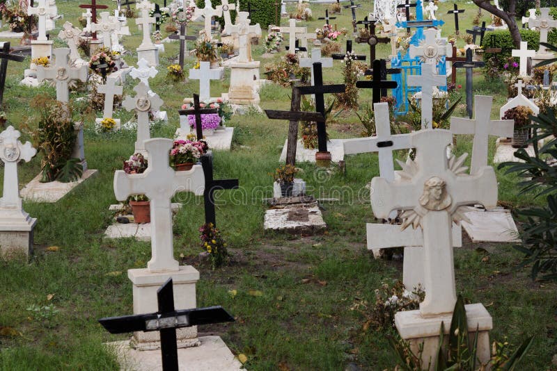 Grave Crosses at Cemetery / Graveyard Stock Image - Image of meadow ...