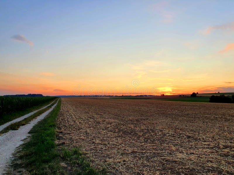 Gravel Path within Fields Leading into the Sunset Stock Image - Image ...