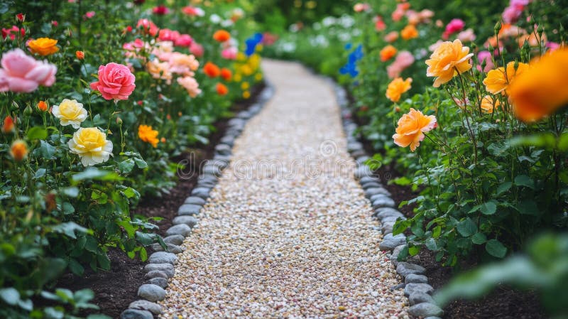 A Gravel Path Winds through a Vibrant Rose Garden Stock Illustration ...