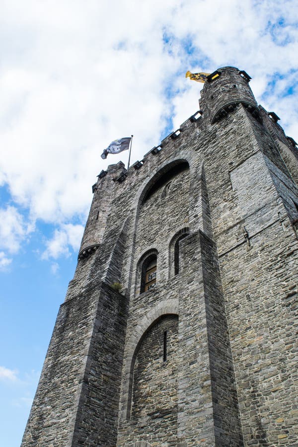 Gravensteen Castle with Flags, Ghante, Belgium Stock Image - Image of ...