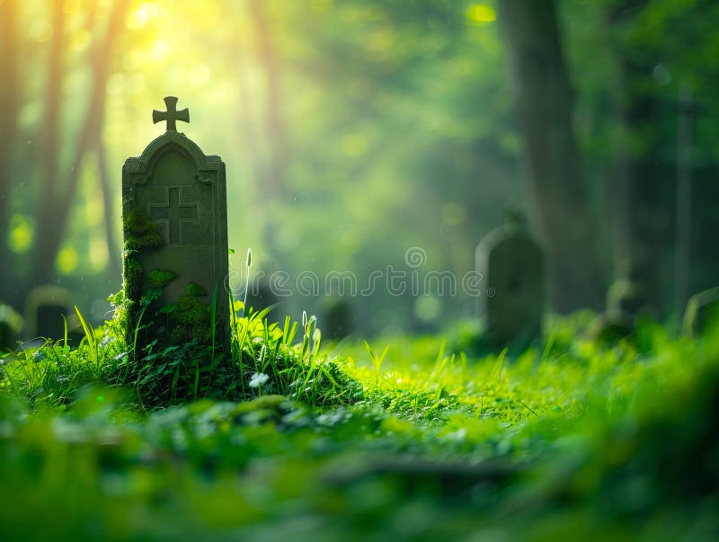 A Gravestone in a Cemetery with Sunlight Shining through Stock Photo ...