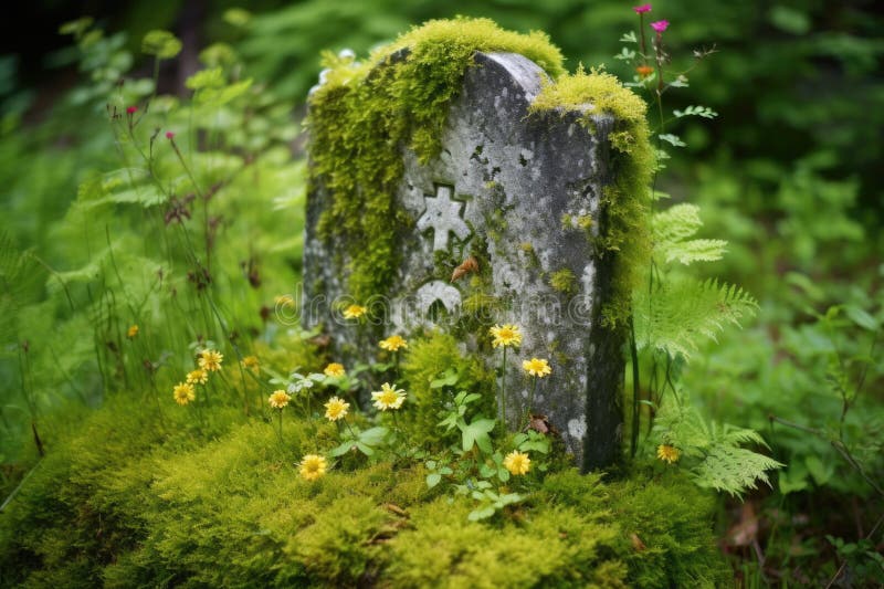 Gravestone Covered with Moss Surrounded by Wildflowers Stock Image ...