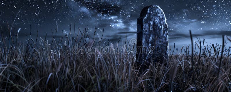Gravestone in a Field at Night with Starry Sky Stock Image - Image of ...