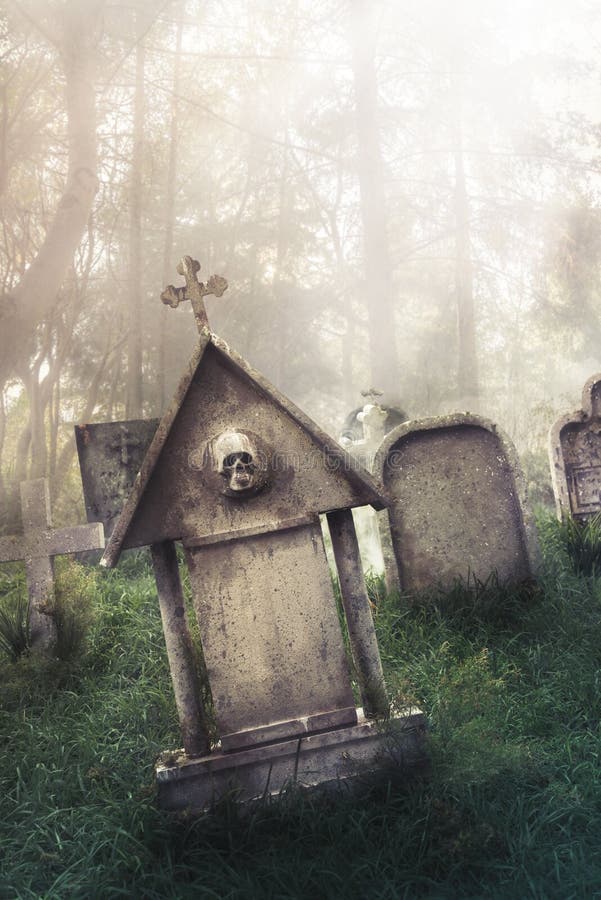 Gravestone with Fog and Dramatic Lighting Stock Photo - Image of ...