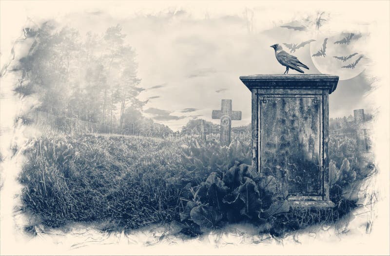 Gravestone in moonlight stock illustration. Illustration of bird - 32943530